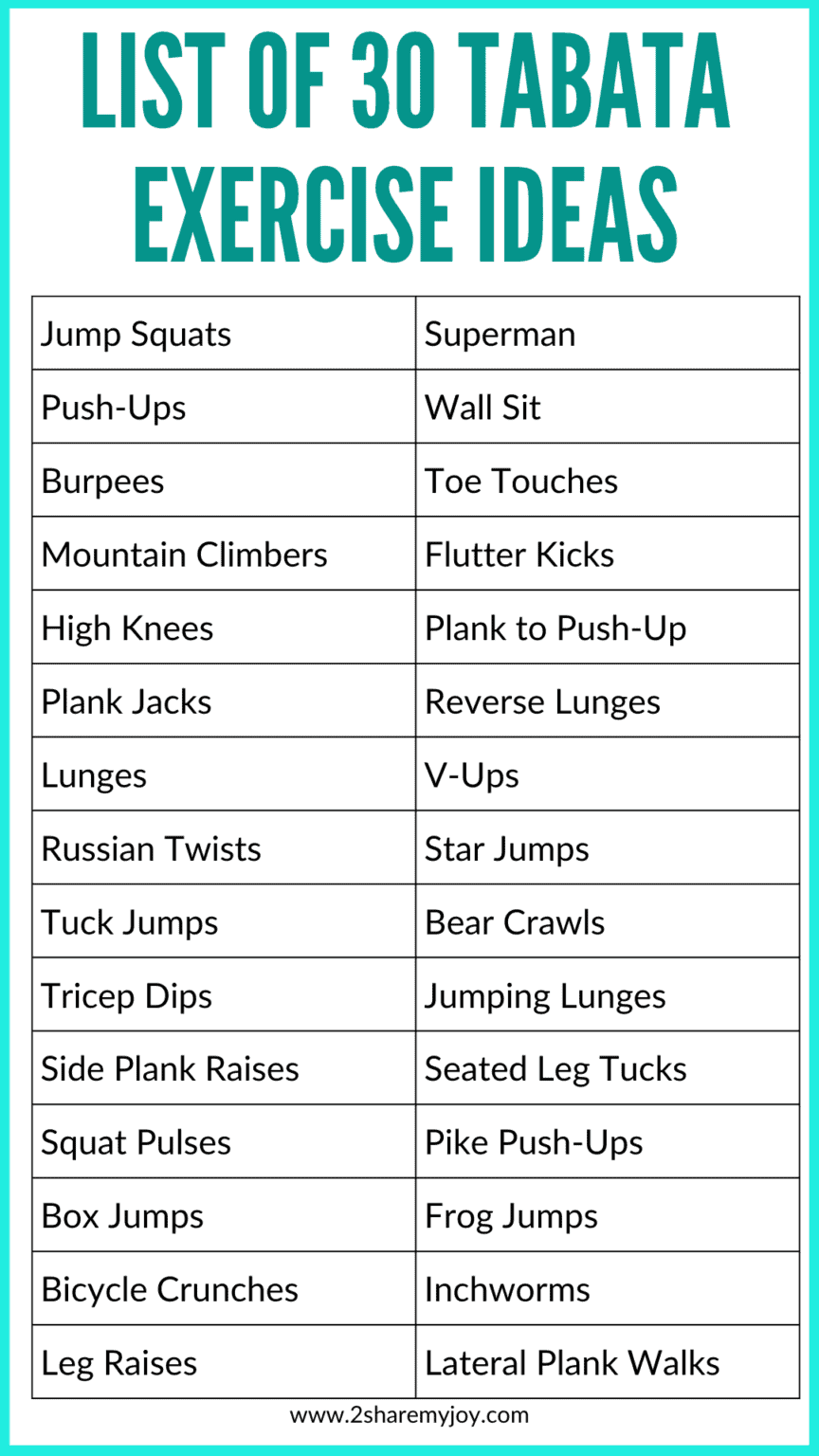 Tabata Exercise List for a Full Body Workout - 2sharemyjoy.com